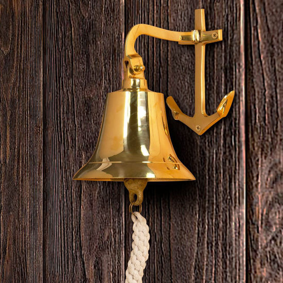 Nautical Brass Bell with Anchor Shaped Wall Mount