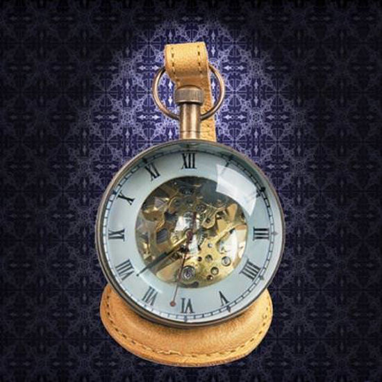 Skeleton Clock Pocket Watch w/ Leather Stand