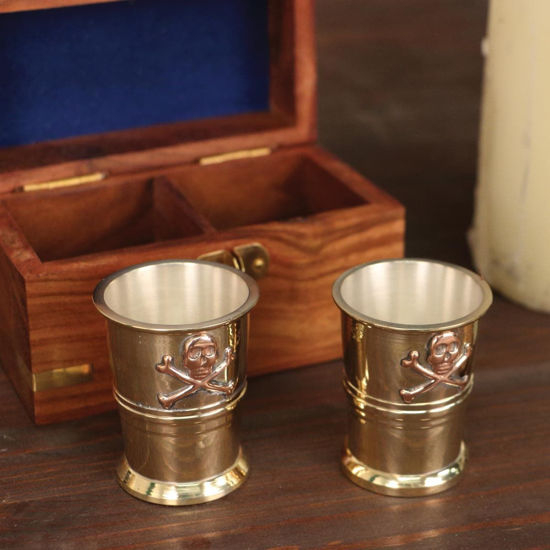 Pirate Captains Shot Glasses in Wood and Brass Presentation Box